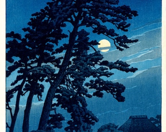 Japanese Art Print bat and Full Moon by Ohara - Etsy