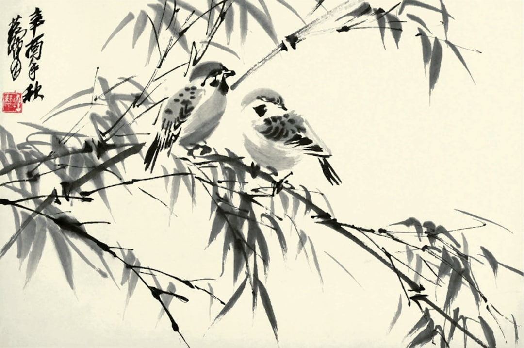Chinese Art, Birds and Flowers Painting, Two Birds on a Bamboo Branch ...