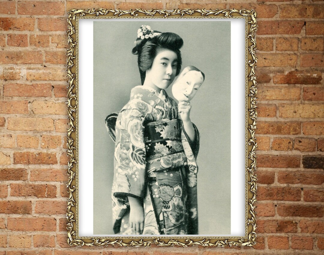 Geisha Poster, Japanese Vintage Photography, Geisha Holding a Mask FINE ...
