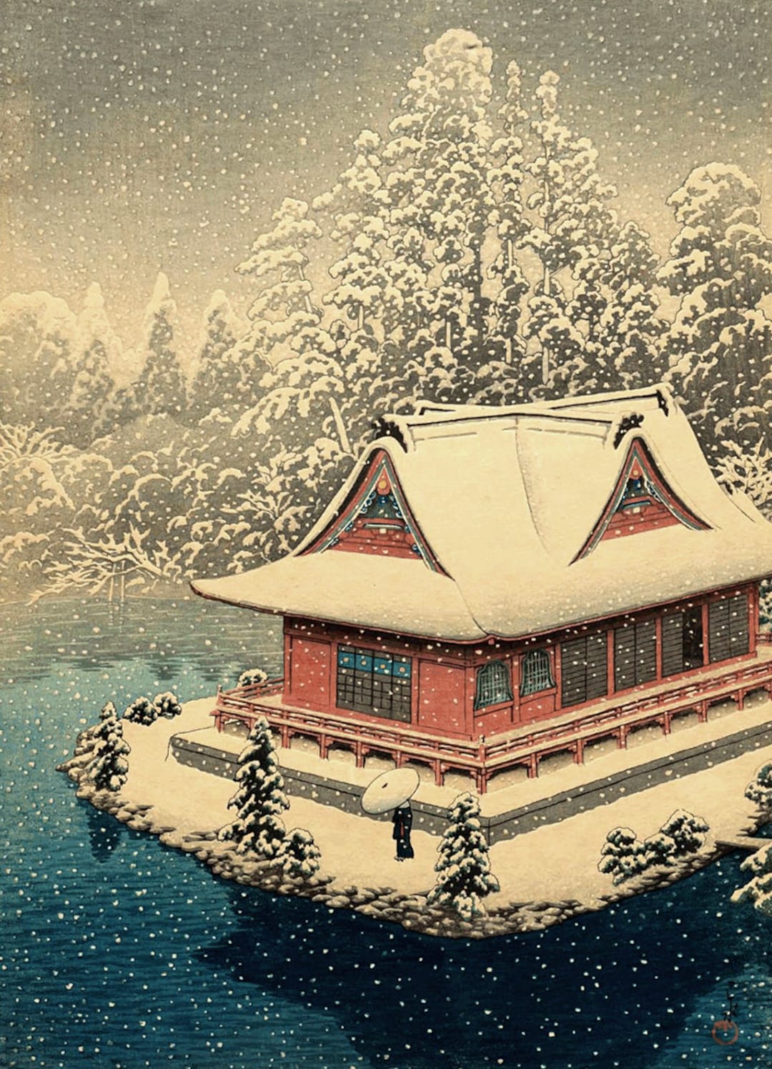 Japanese Snow Art Prints, Pagodas, Temples, Shrine of Benten Inokashira ...