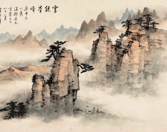 Chinese art vintage nature landscape chinese paintings Mountains and Pines FINE ART PRINT china art prints wall art posters home decor