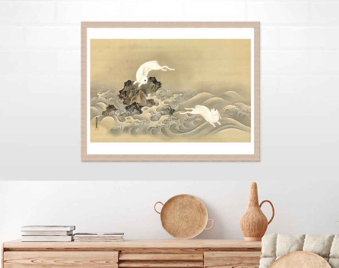 Japanese Art, Rabbits, Hairs in Waves Kano Osanobu FINE ART PRINT, Hare ...