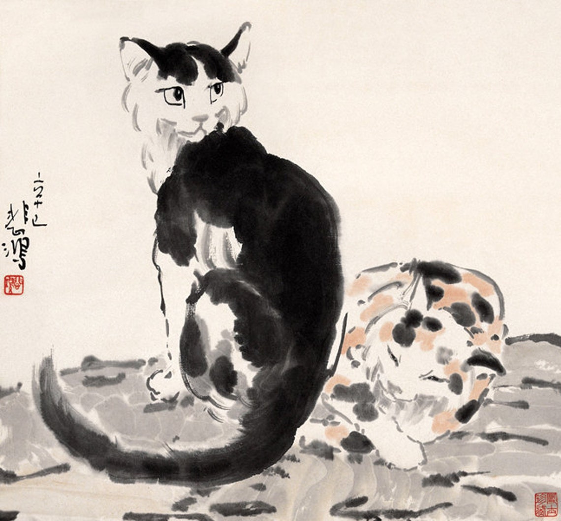 Chinese Art Two Cats FINE ART PRINT Cats Paintings Animals - Etsy