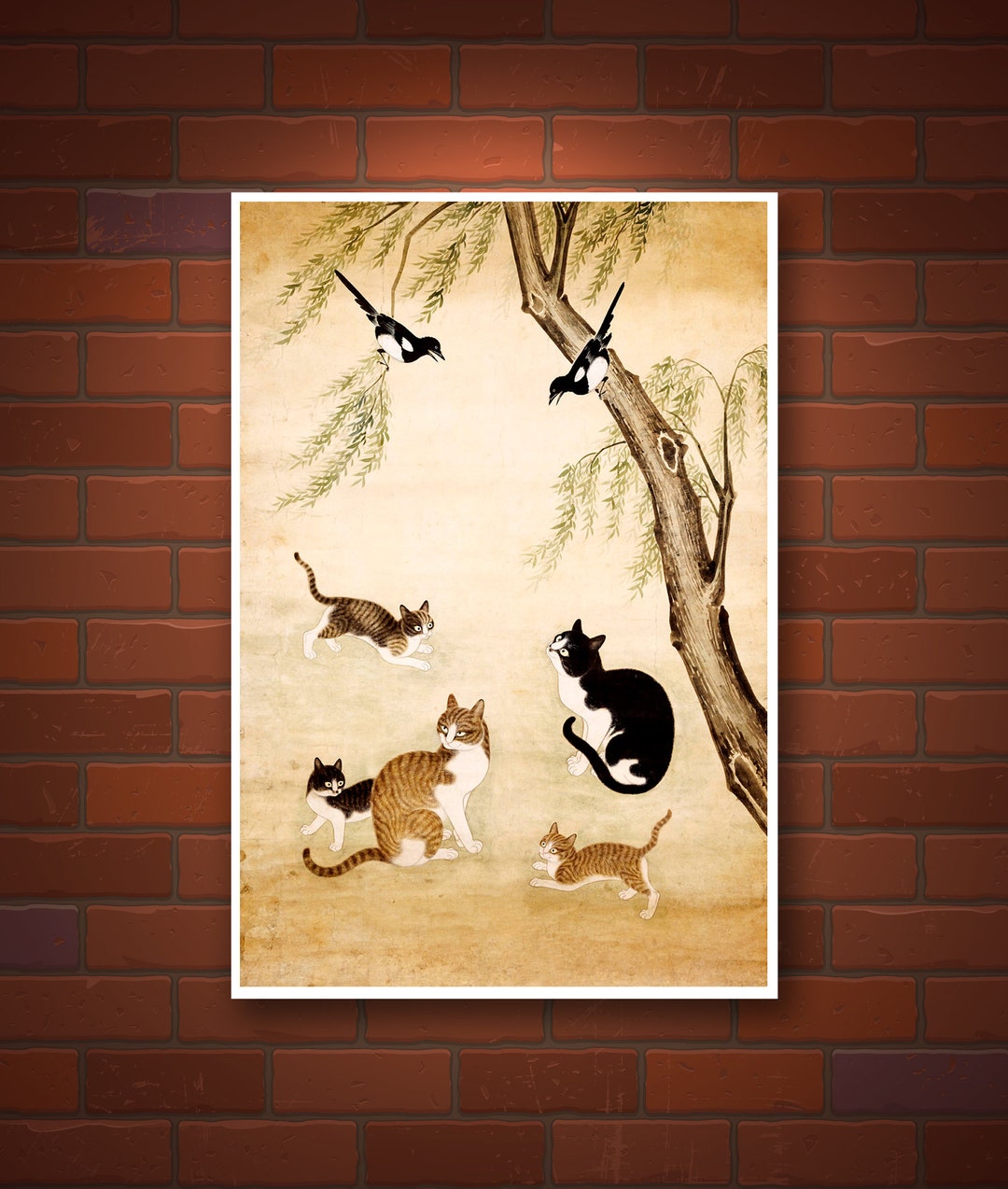 Asian Cats Painting, Animal Asian Poster, Cat and Crows FINE ART PRINT ...