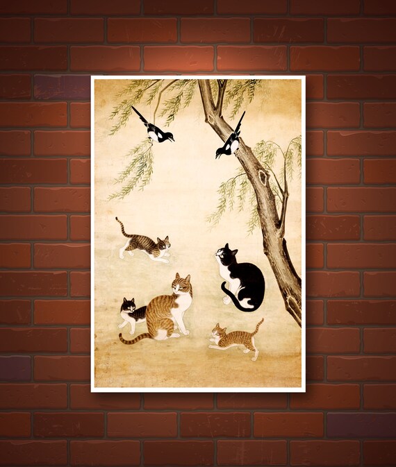 Asian Cats Painting Animal Asian Poster Cat and Crows FINE - Etsy