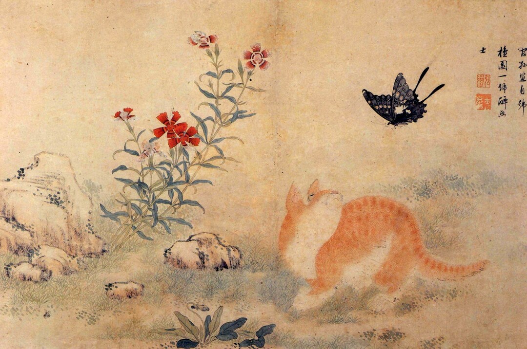 Asian Art Animal Cat Paintings Korean Art Cat and - Etsy