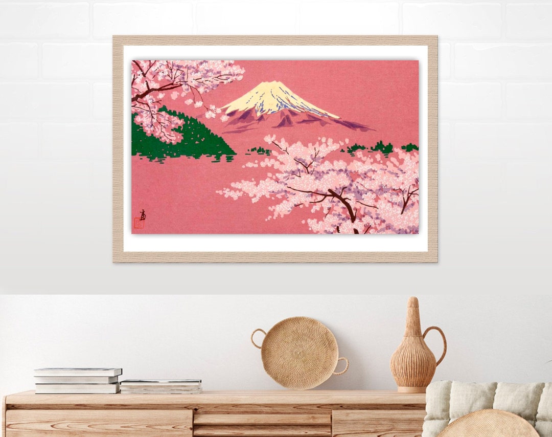 Japanese Art, Pink Mountain Fuji and Sakura Cherry Tree Blossoms FINE ...