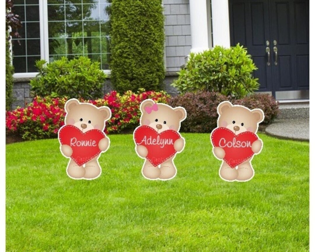 Valentine Teddy Bear Outdoor Lawn Sign Set Personalized Name Heart Yard ...