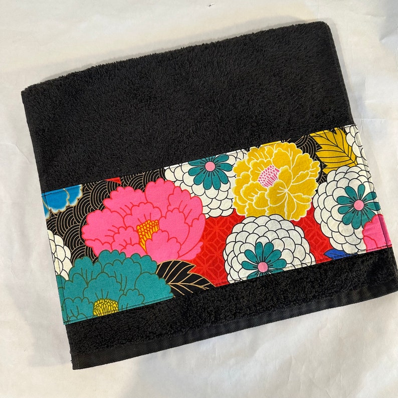 Handmade Black Cotton Towel: Floral Trim, Striped Accent - August Ave ...