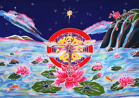 Dragonfly Lotus Batik Banner Tapestry - Etsy