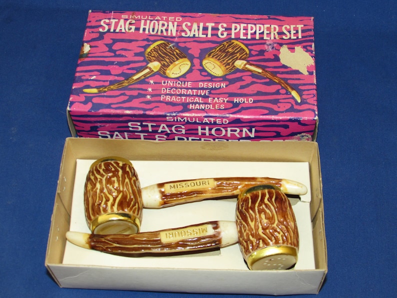 MISSOURI STAG HORN Pipe Salt and Pepper Shaker Set Vintage Souvenir ...