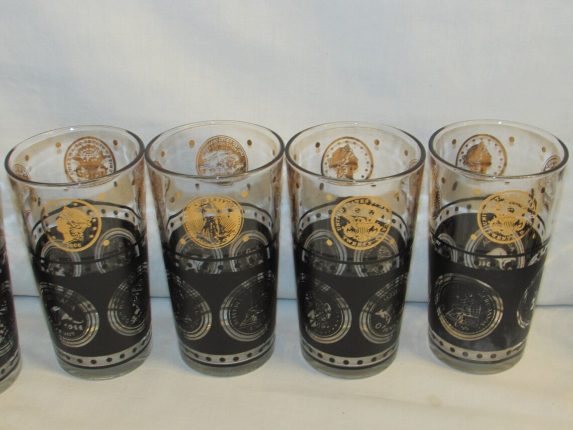 COCKTAIL GLASSES Black and Gold Coins 1960s Set of 8 Free Shipping - Etsy