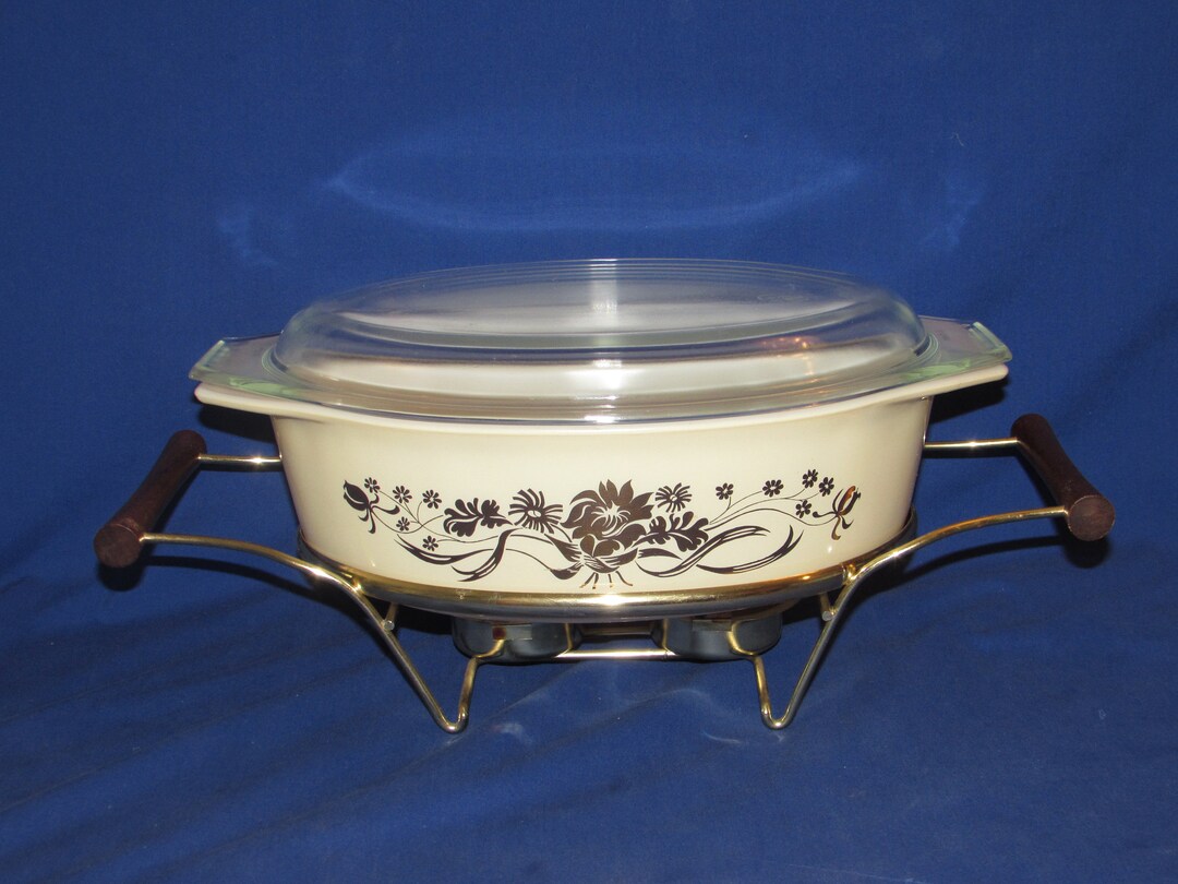 Pyrex 045 GOLDEN WILDFLOWER BOUQUET Casserole on Warming Stand 1965 ...