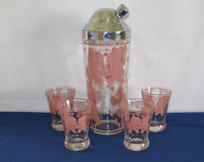 Hazel Atlas PINK ELEPHANT Cocktail Mixer and 4 Shot Glasses - Etsy