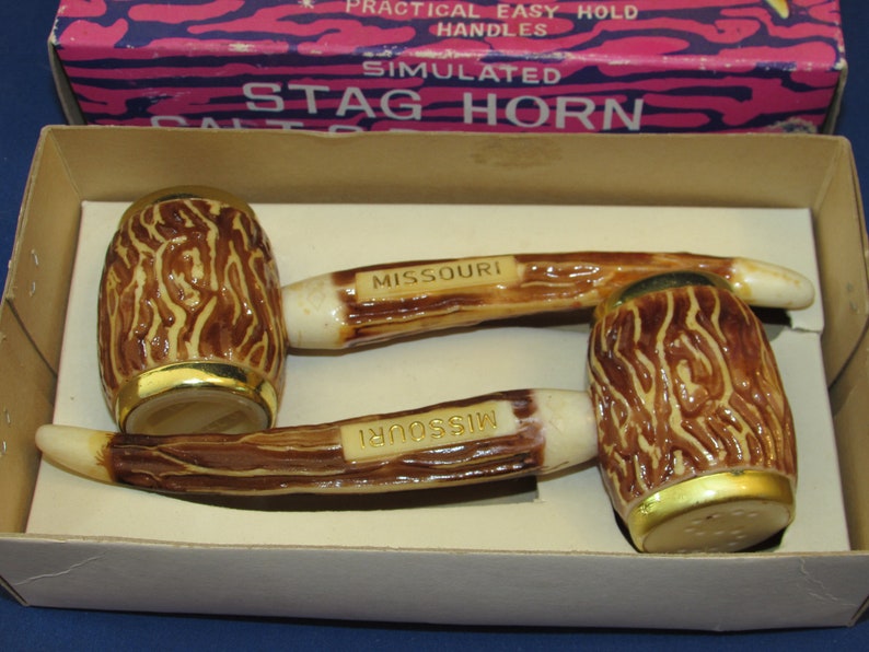 MISSOURI STAG HORN Pipe Salt and Pepper Shaker Set Vintage Souvenir ...