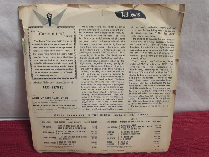 Curtain Call Series TED LEWIS Classics 45 RPM Decca Records - Etsy