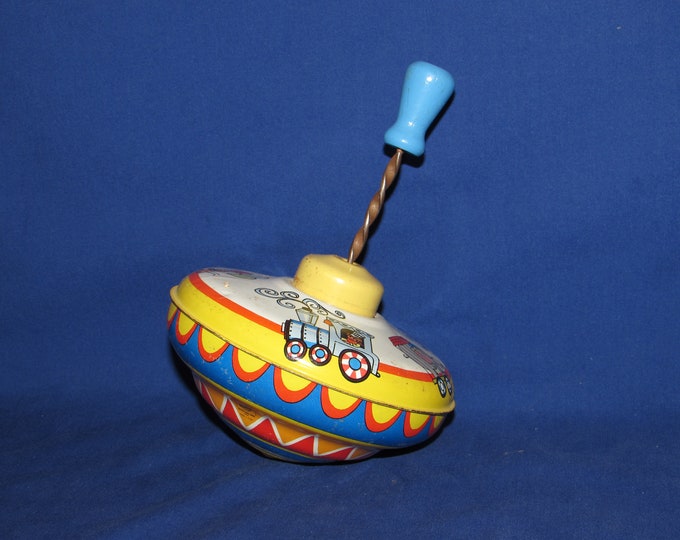 SPINNING TOP TOY 1950s Ohio Art Tin Litho Wooden Handle Free Shipping ...
