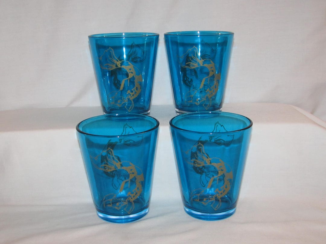 COCKTAIL GLASSES Blue Glass With Koi Fish 1990s Set of 4 Old-fashioned ...