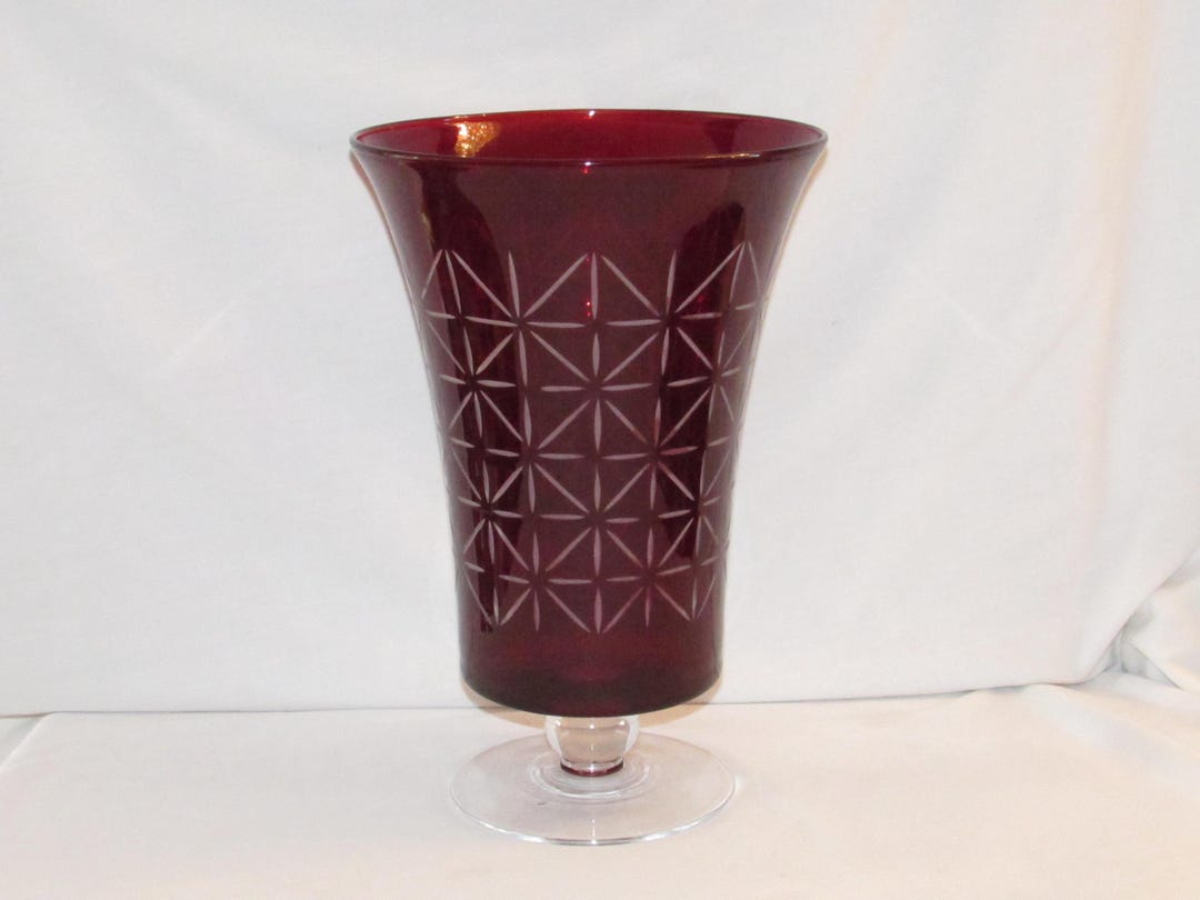 PARTYLITE VASE or CANDLEHOLDER Large Red Etched With Clear Pedestal ...