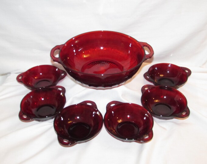 ANCHOR HOCKING Berry Bowl Set 1940s Ruby Red Glass Large Bowl and 6 ...