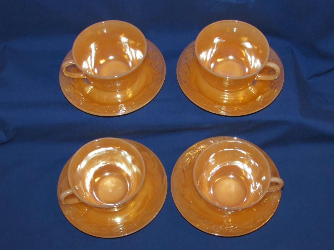 FIRE KING LUSTERWARE Laurel Teacups and Saucers 1950s Set of 4 Free ...