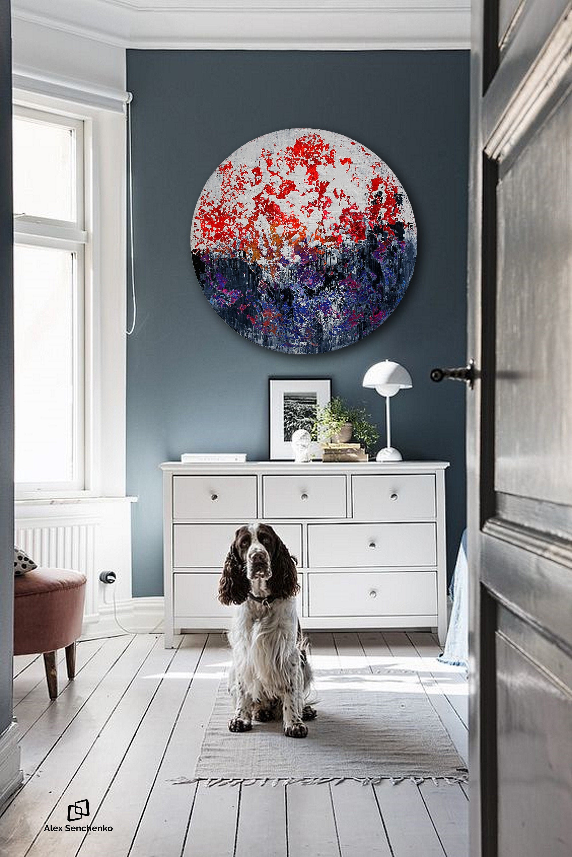 Circular abstract acrylic painting on round stretched canvas. Original ...