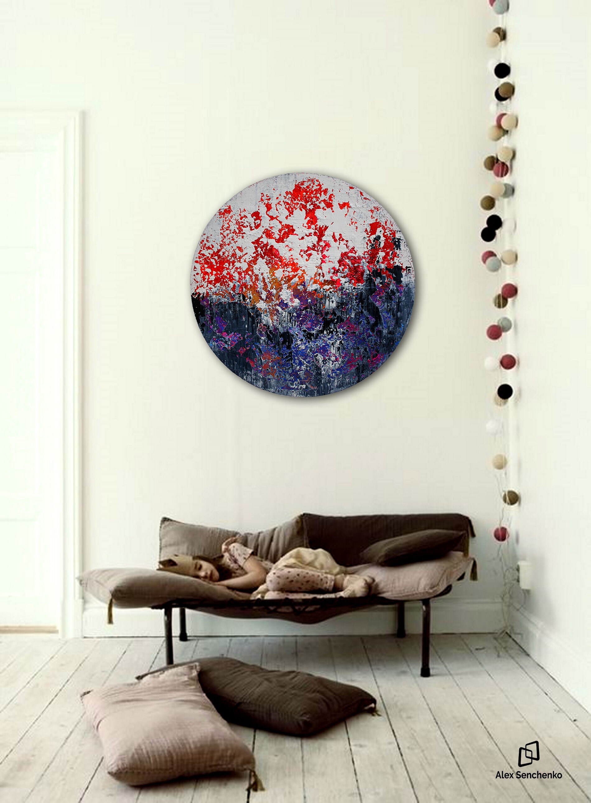 Circular abstract acrylic painting on round stretched canvas. Original ...