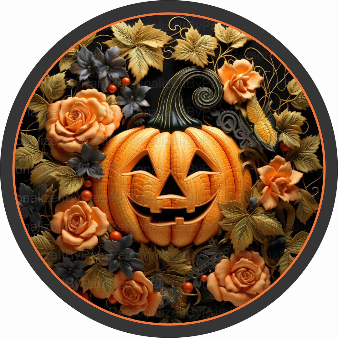 Round Halloween Jack-o-lantern Wreath Sign, Fall Pumpkins Wreath Sign ...