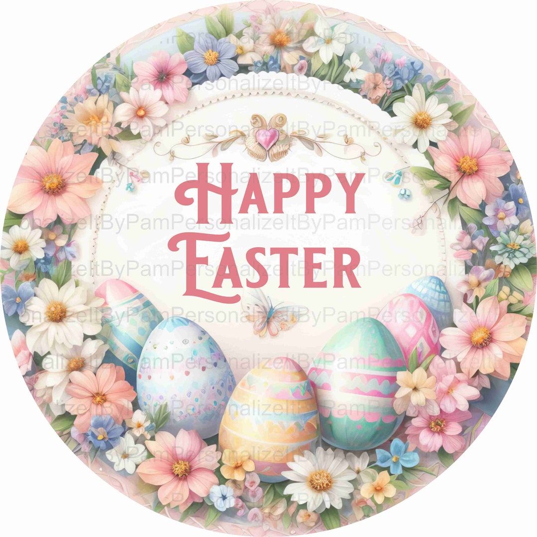 Round Easter Wreath Sign, Pastel Easter Wreath Sign, Personalize It by ...