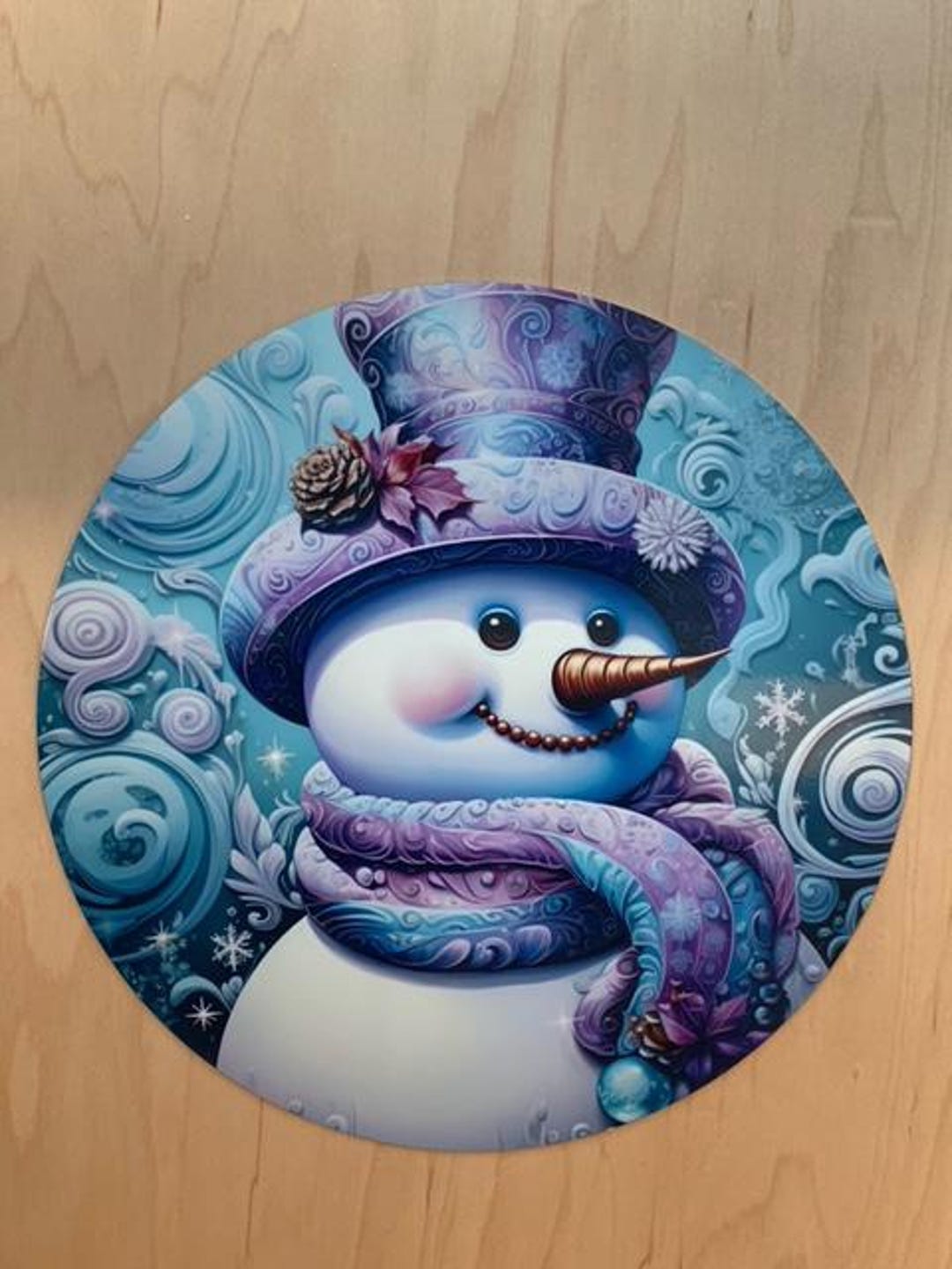 Round Purple/teal Whimsical Snowman Wreath Sign, UV Protected Metal ...