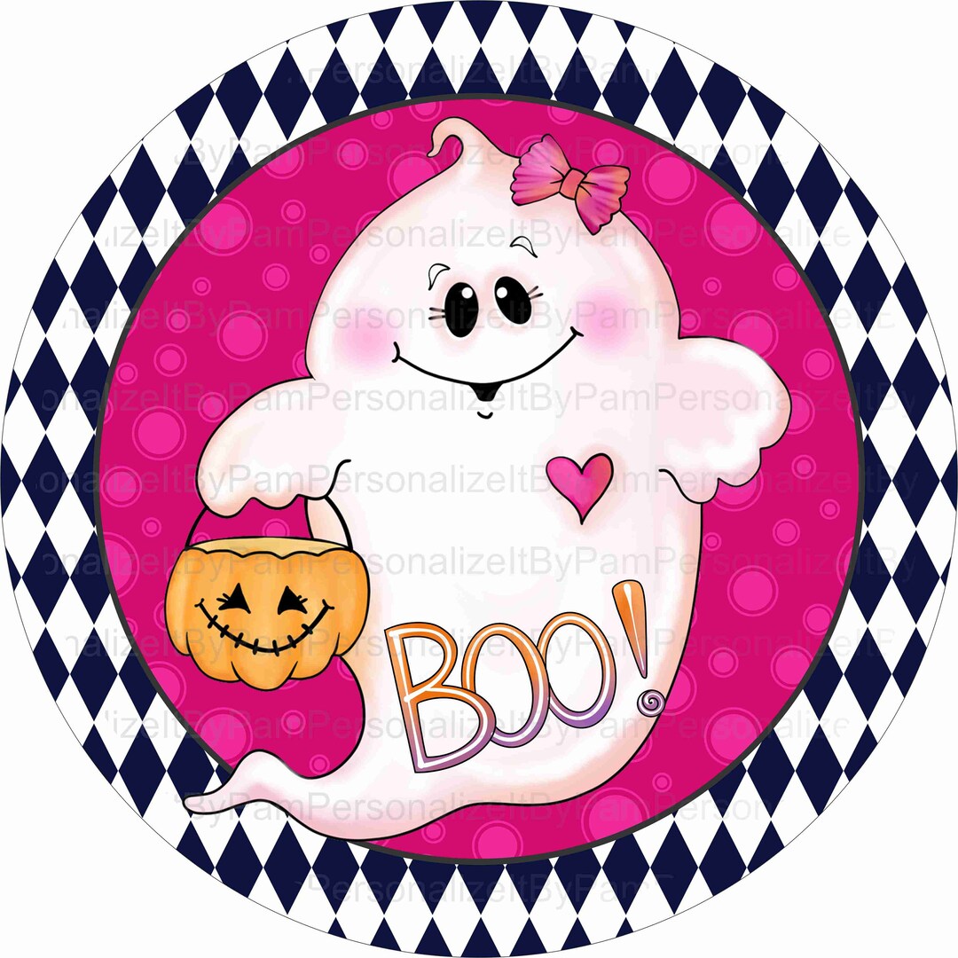 Round Pink Ghost Halloween Wreath Sign, Wreath Signs, Personalize It by ...