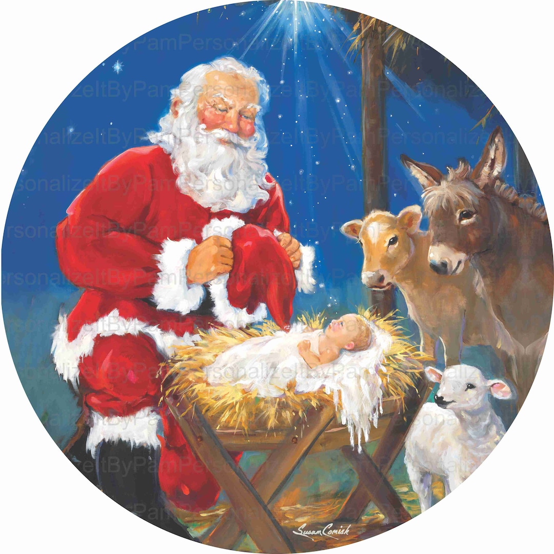 Round Santa Wreath Sign, Christmas Wreath Sign, Santa Manger Sign ...
