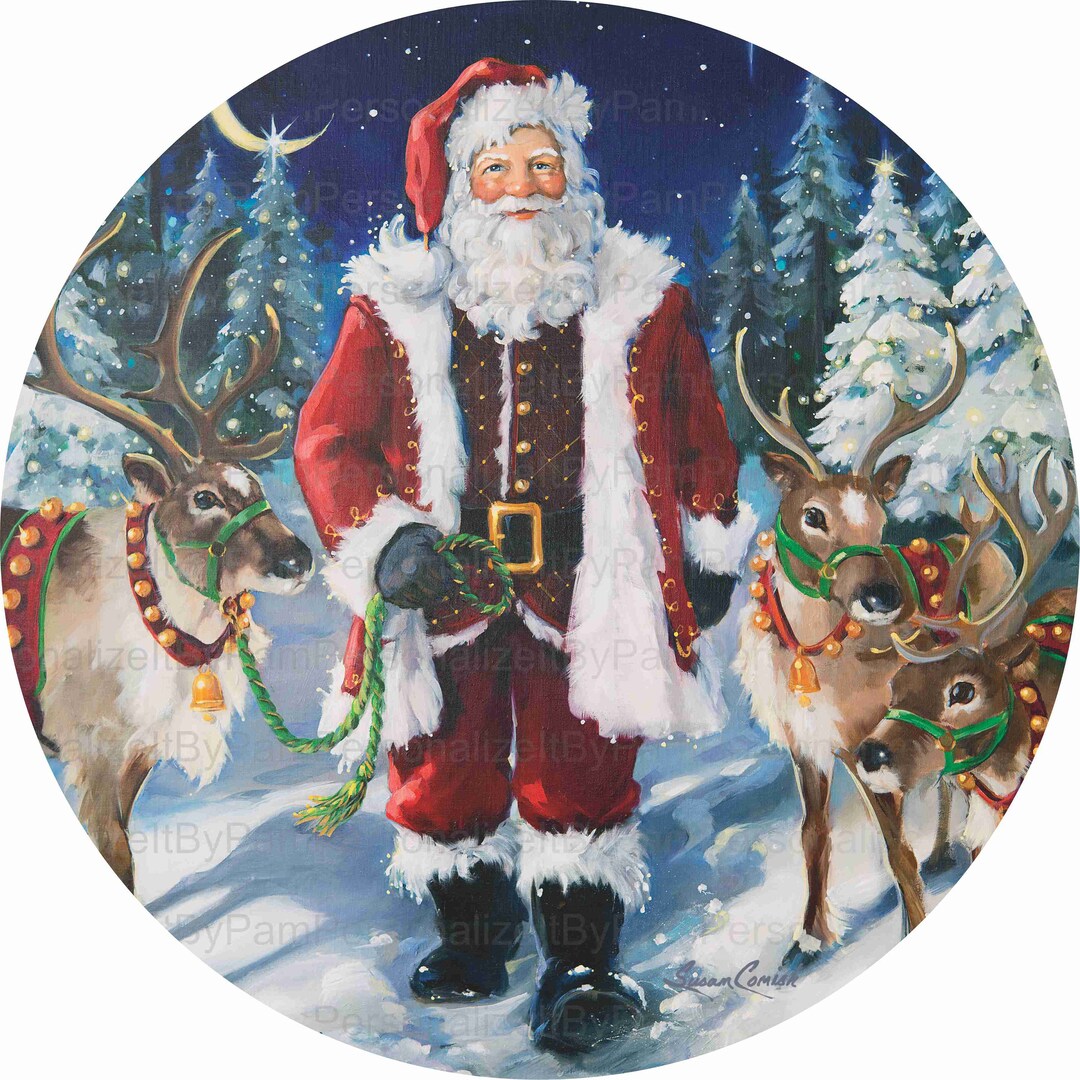 Round Santa Wreath Sign, Christmas Wreath Sign, Reindeer and Santa Sign ...