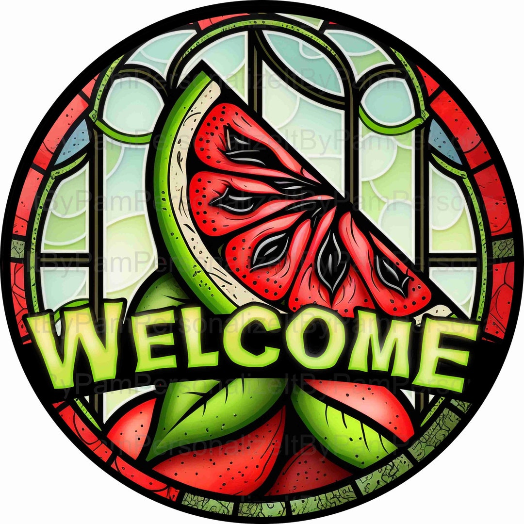Faux Stained Glass Watermelon Welcome Wreath Sign, Metal Wreath Sign ...