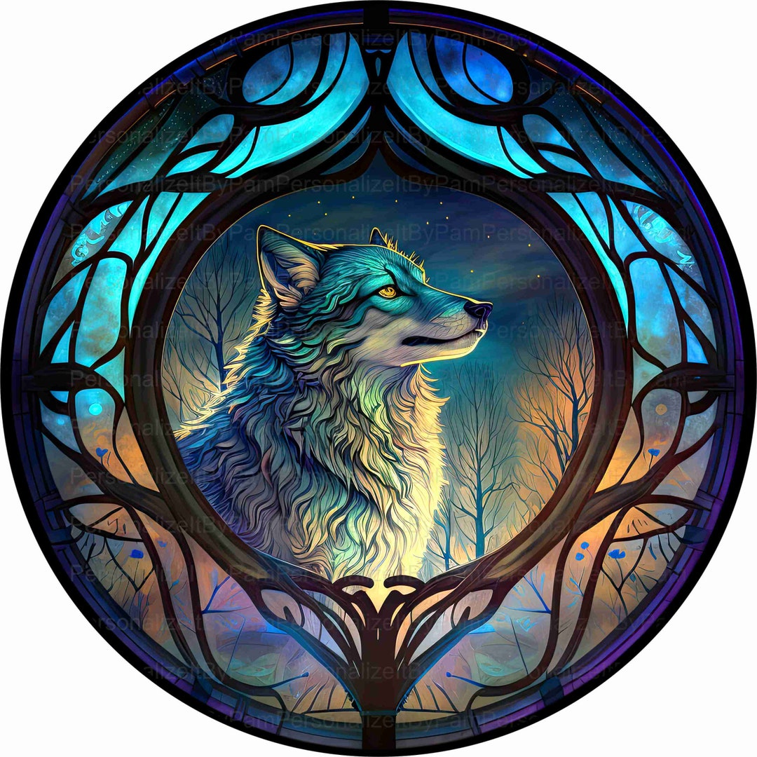 Round Faux Stained Glass Wolf Wreath Sign, Welcome Wreath Sign ...