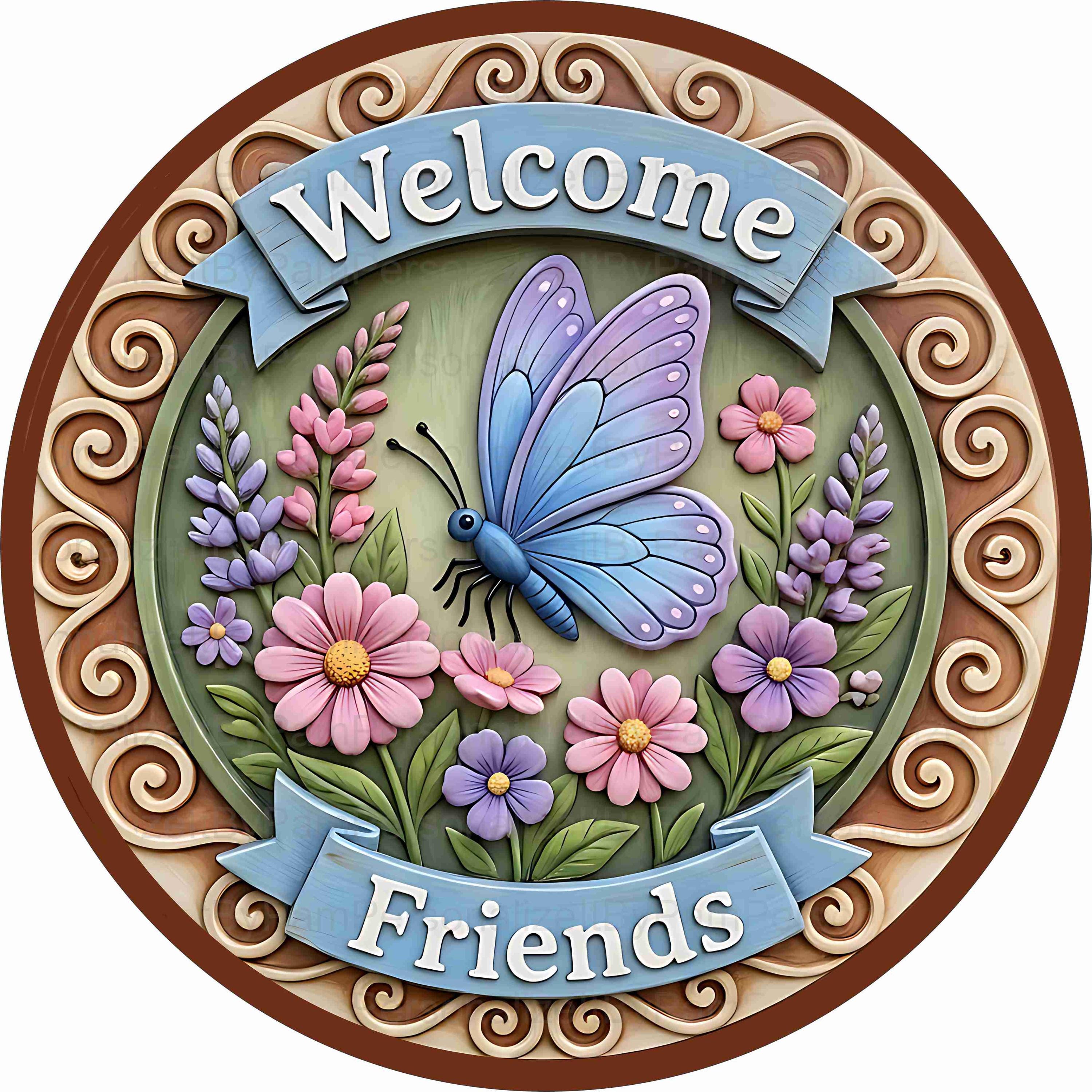 Round Spring Butterfly Wreath Sign, Welcome Friends Sign, UV Protected ...