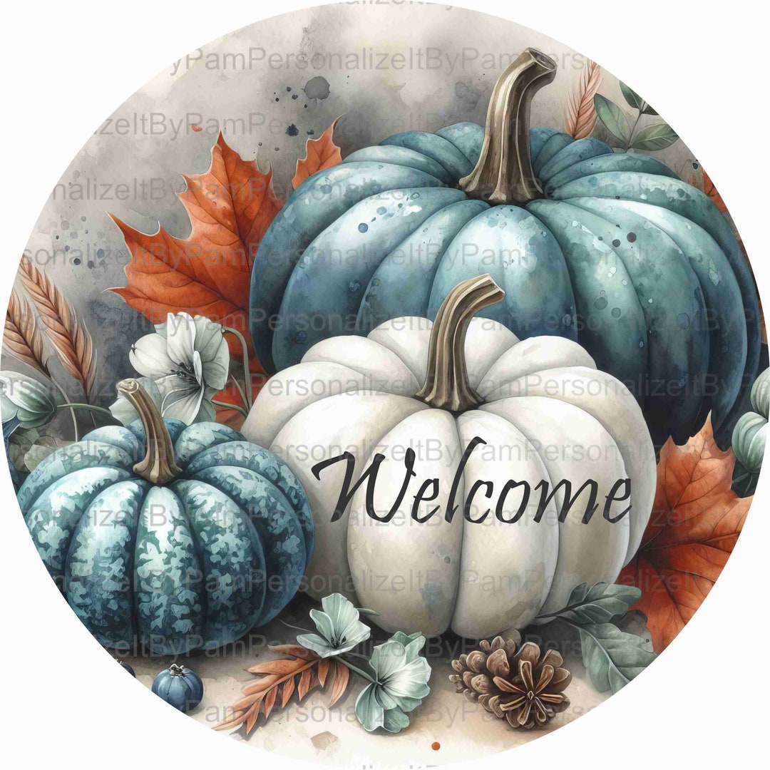 Round Fall Blue and White Pumpkins Sign,personalize It by Pam, UV Metal ...