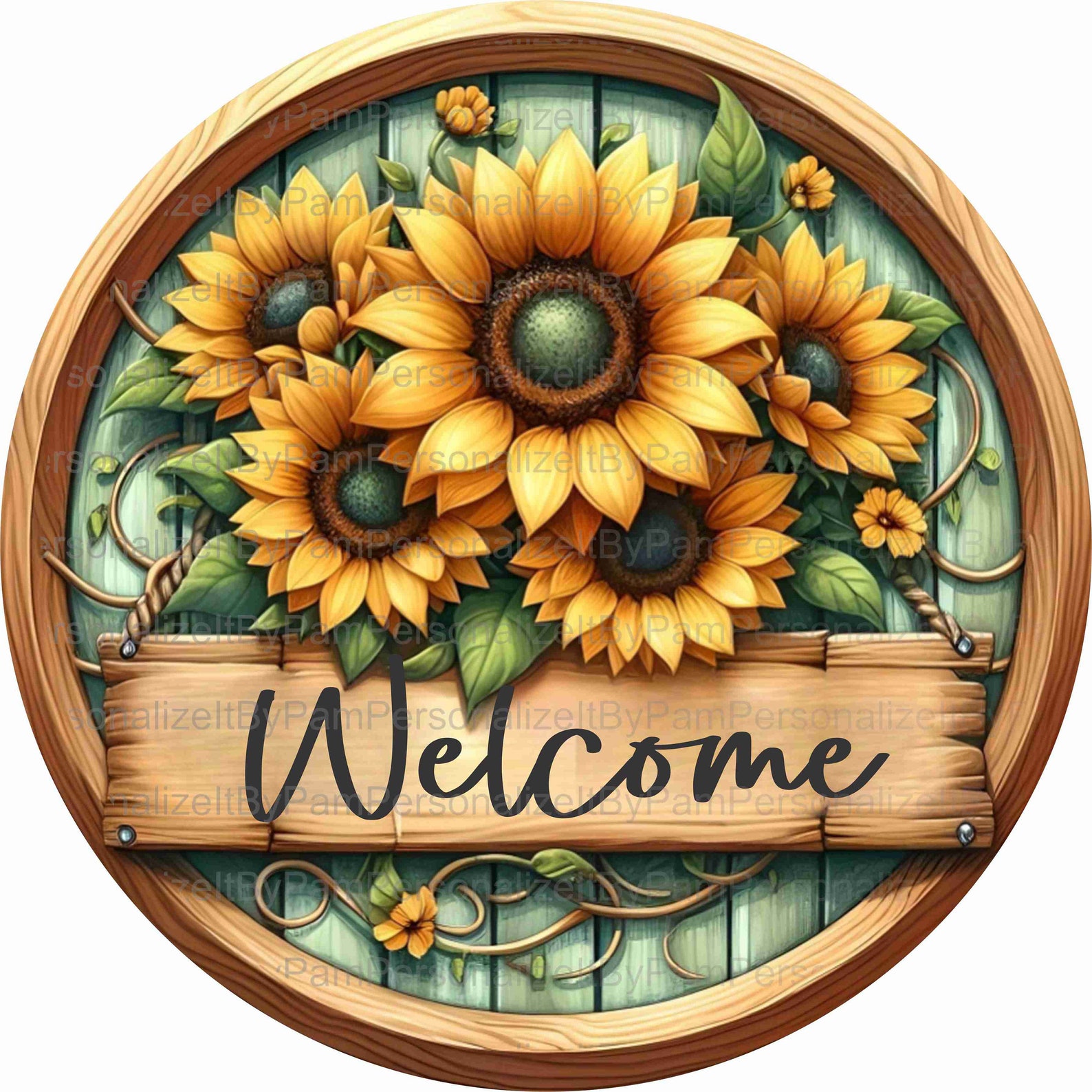 Round Sunflower Welcome Wreath Sign, UV Wreath Sign, Sunflowerl Wreath ...