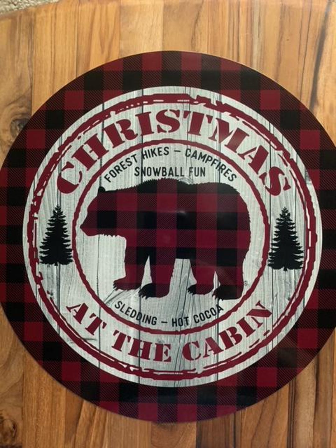 Round Rustic Christmas Wreath Sign, Red Buffalo Plaid Wreath Sign ...