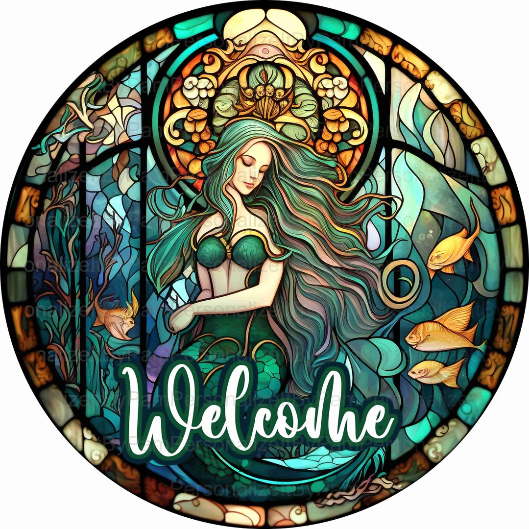Round Faux Stained Glass Mermaid Wreath Sign, Beach Metal Wreath Sign ...