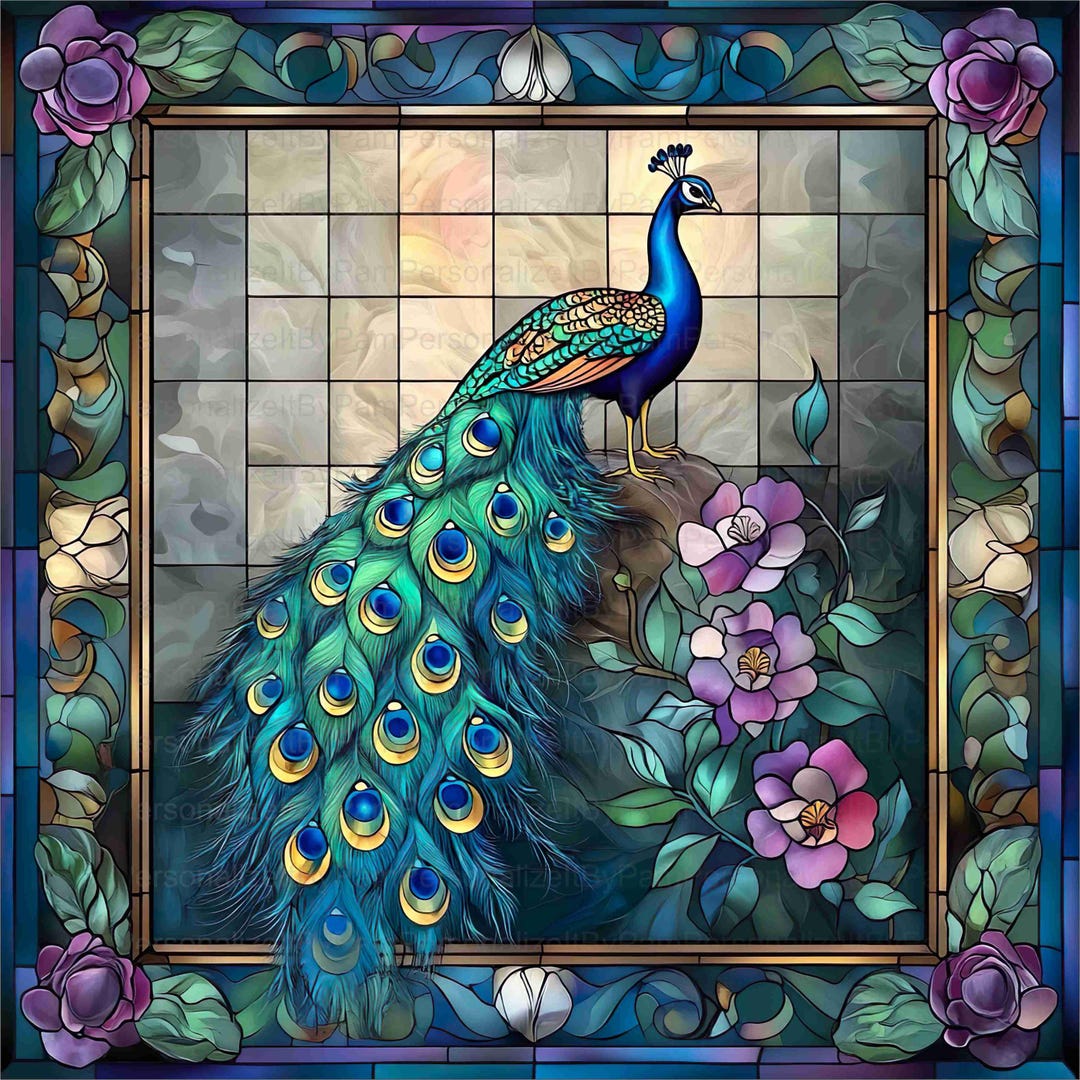 10" X10" Square Faux Stained Glass Peacock Wreath Sign, Peacock Wreath ...
