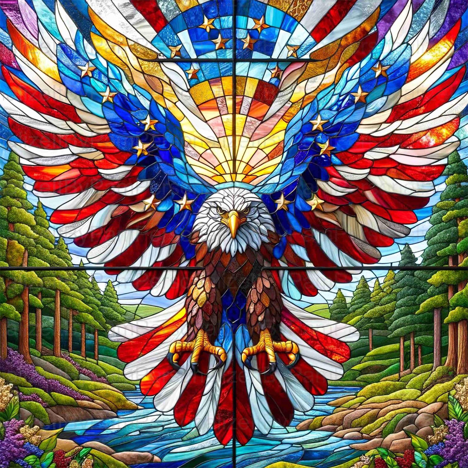 10" X 10" Square Faux Stained Glass Patriotic Eagle Wreath Sign ...