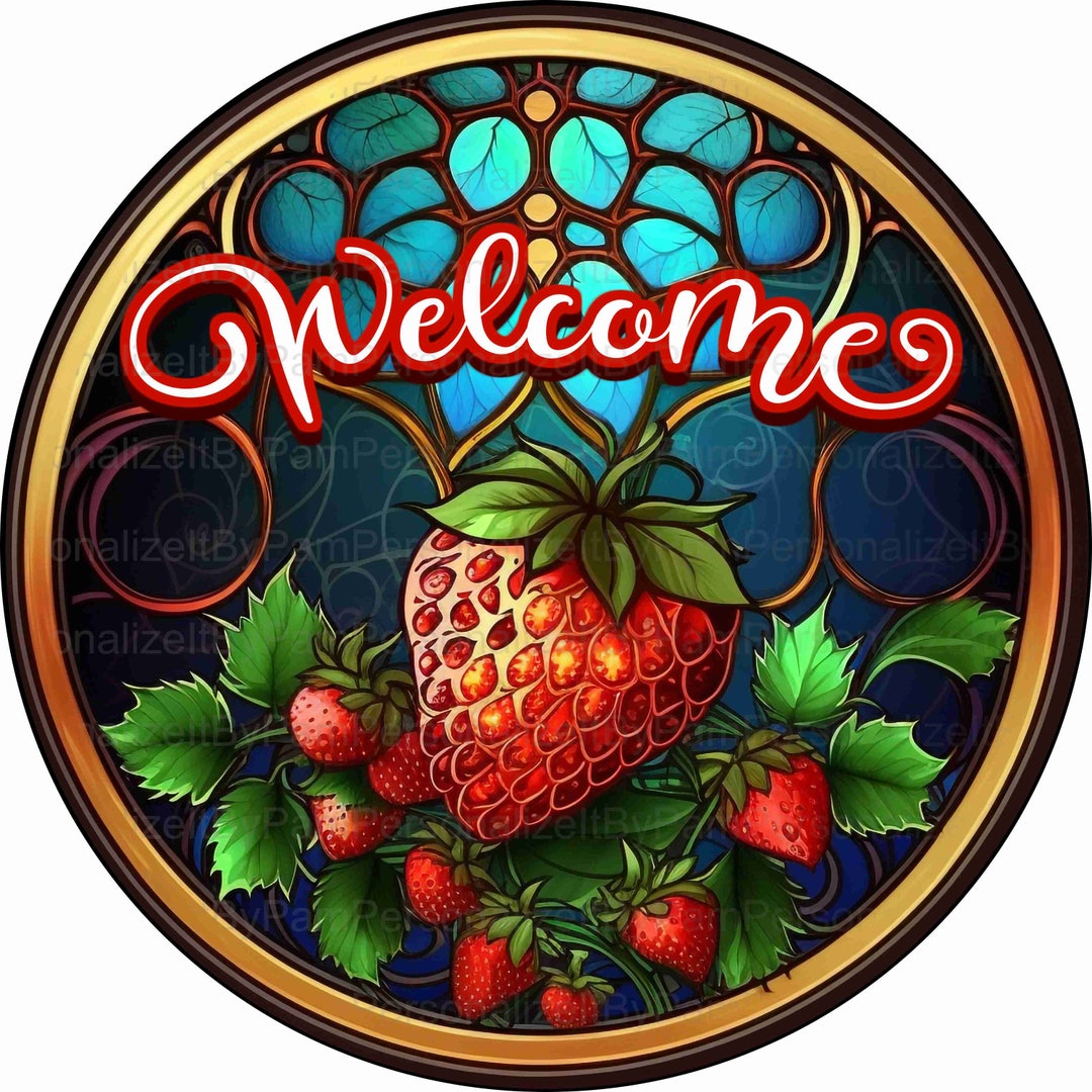 Round Faux Stained Glass Strawberries Wreath Sign, Strawberry Metal ...