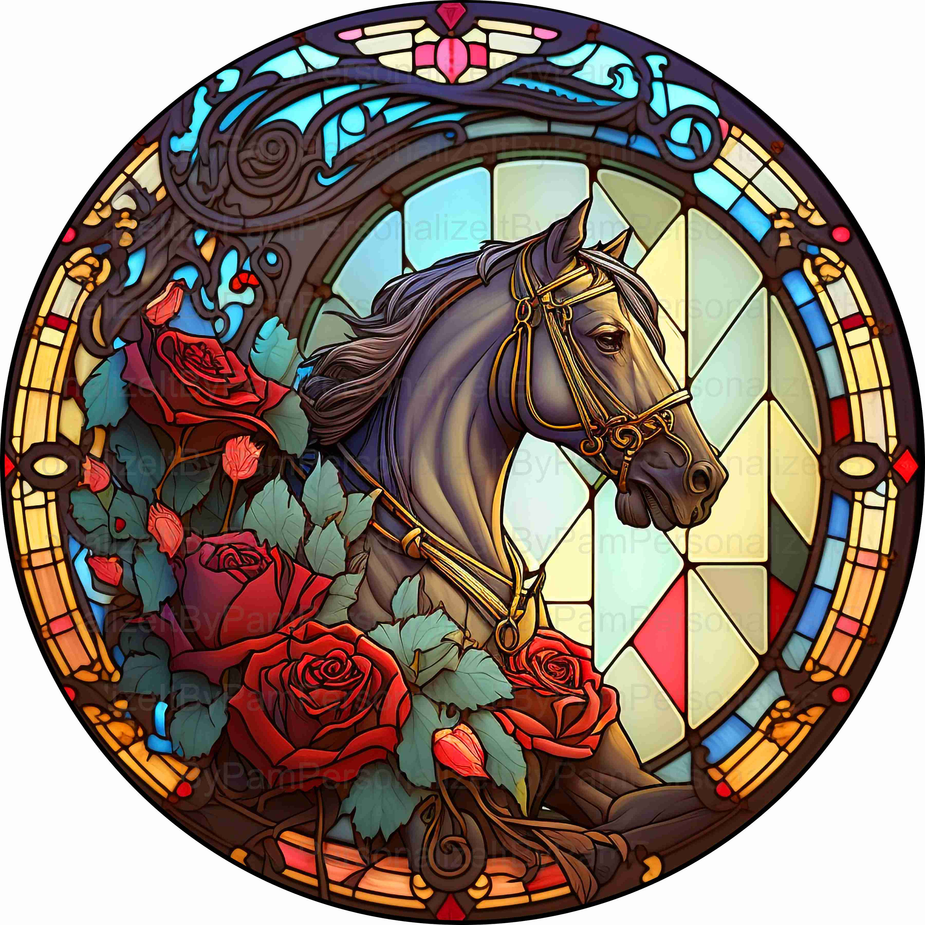 Round Faux Stained Glass Race Horse Wreath Sign, Metal Wreath Sign ...
