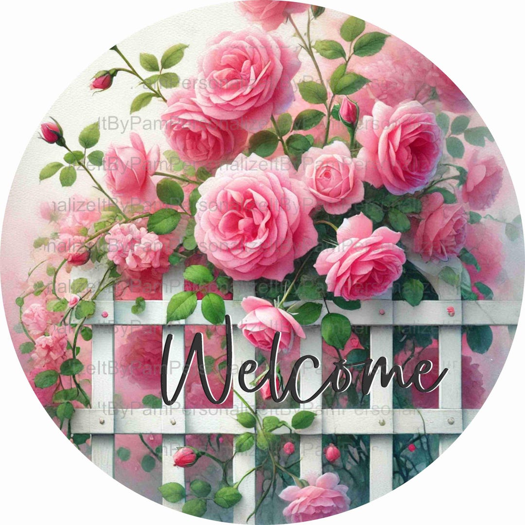 Round Pink Roses Welcome Wreath Sign, UV Metal Wreath Sign, Personalize ...