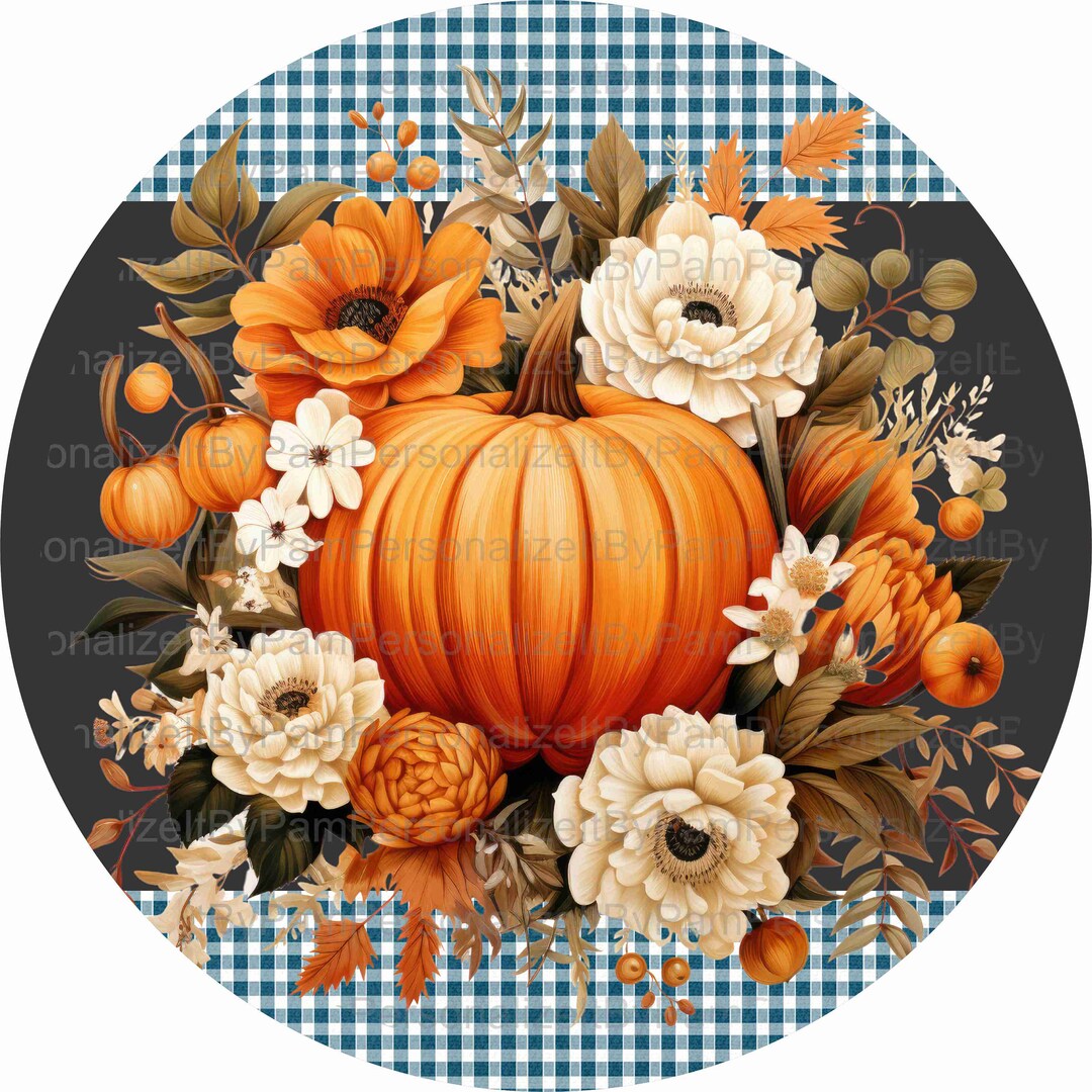 Round Fall Wreath Sign, Fall Wreath Sign, Orange and Blue Pumpkins ...