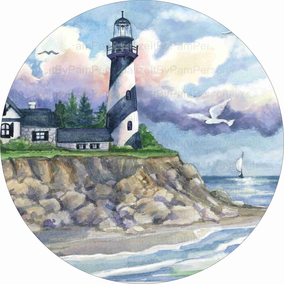Round Lighthouse Wreath Sign, Beach Metal Wreath Sign, Personalize It ...
