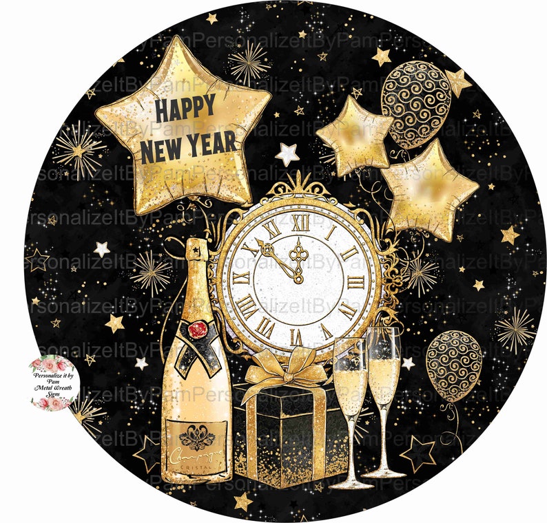 10 Round Happy New Year Sign, New Year Wreath Sign, Personalize It by ...