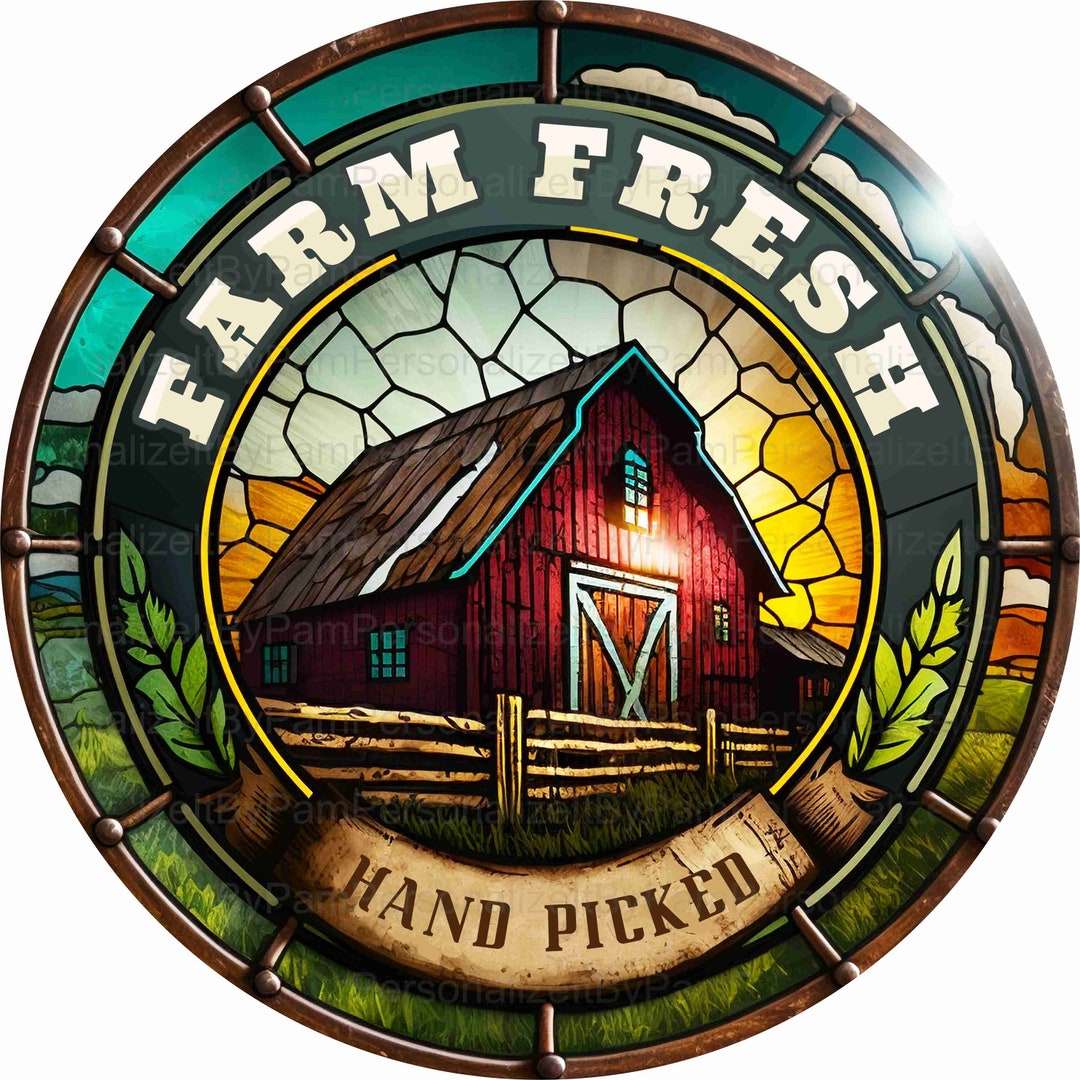 Round Faux Stained Glass Farm Fresh Barn Wreath Sign, Metal Wreath Sign ...