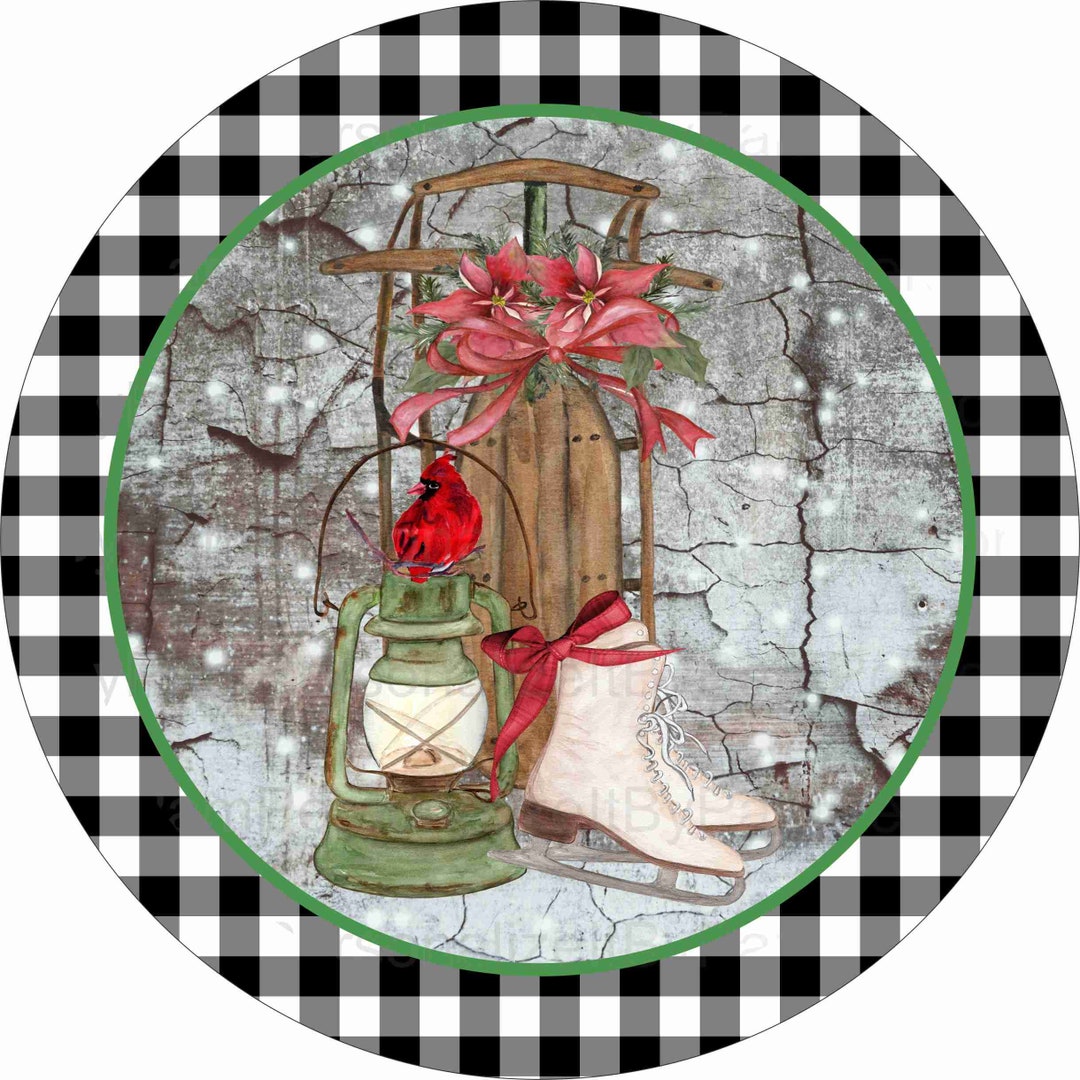 8" Round Rustic Winter Wreath Sign, Ice Skates and Sledding Wreath Sign ...